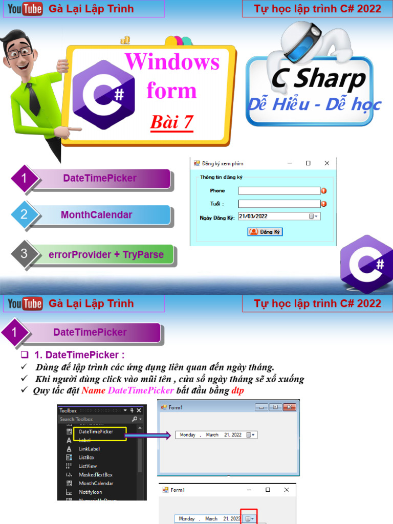 (Winform C# 2022) DateTimePicker & MonthCalendar, ErrorProvider, TryParse | PDF