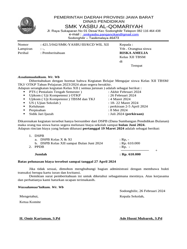 Surat Pemberitahuan Kelas XII | PDF