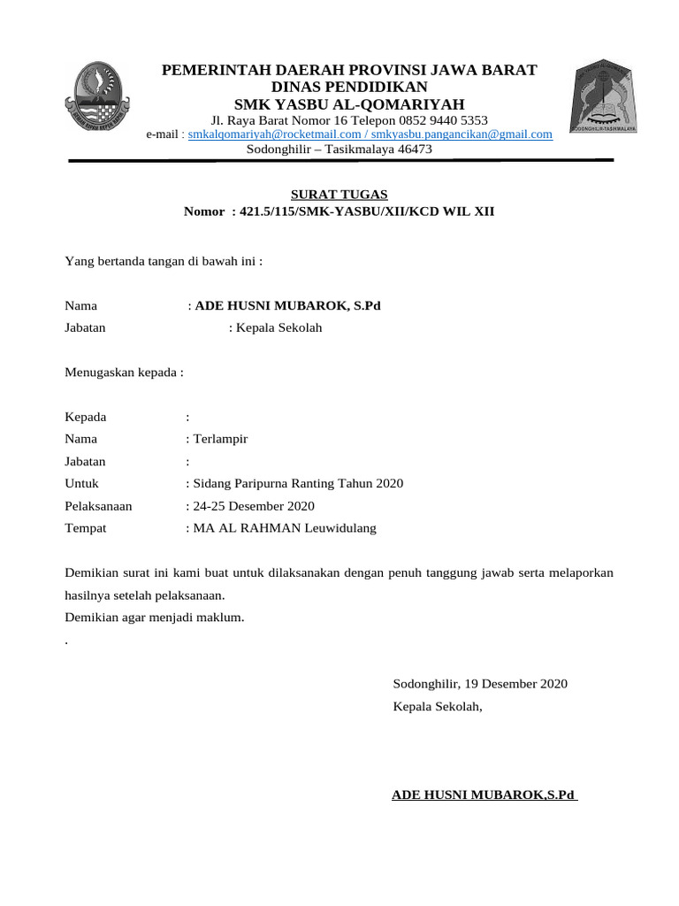 Surat Tugas Kegiatan SMK Yasbu 2020-2019 | PDF