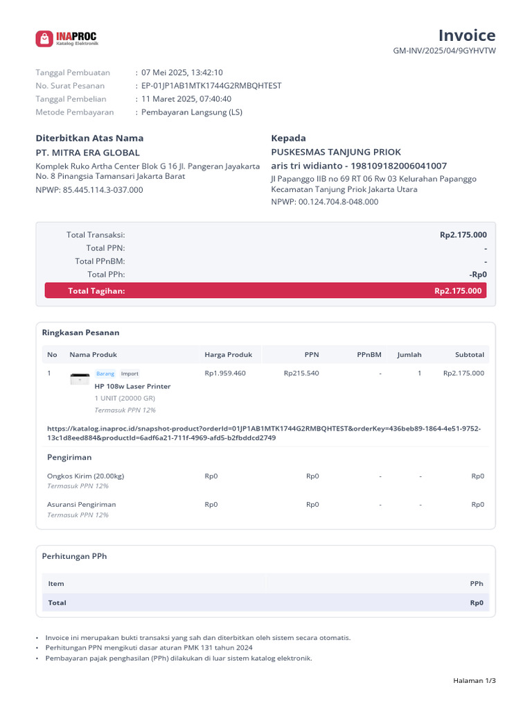 Invoice Pembelian PT Mitra Era Global | PDF