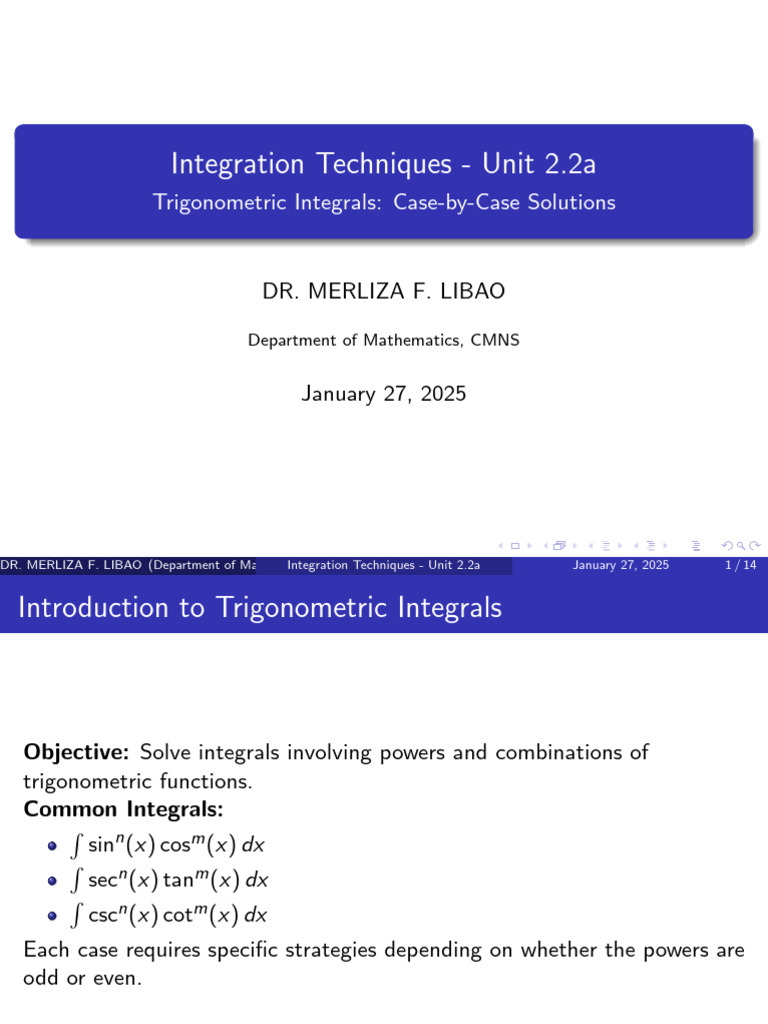 Math 18-2-2a Trigonometric Integrals | PDF | Trigonometric Functions | Mathematical Objects