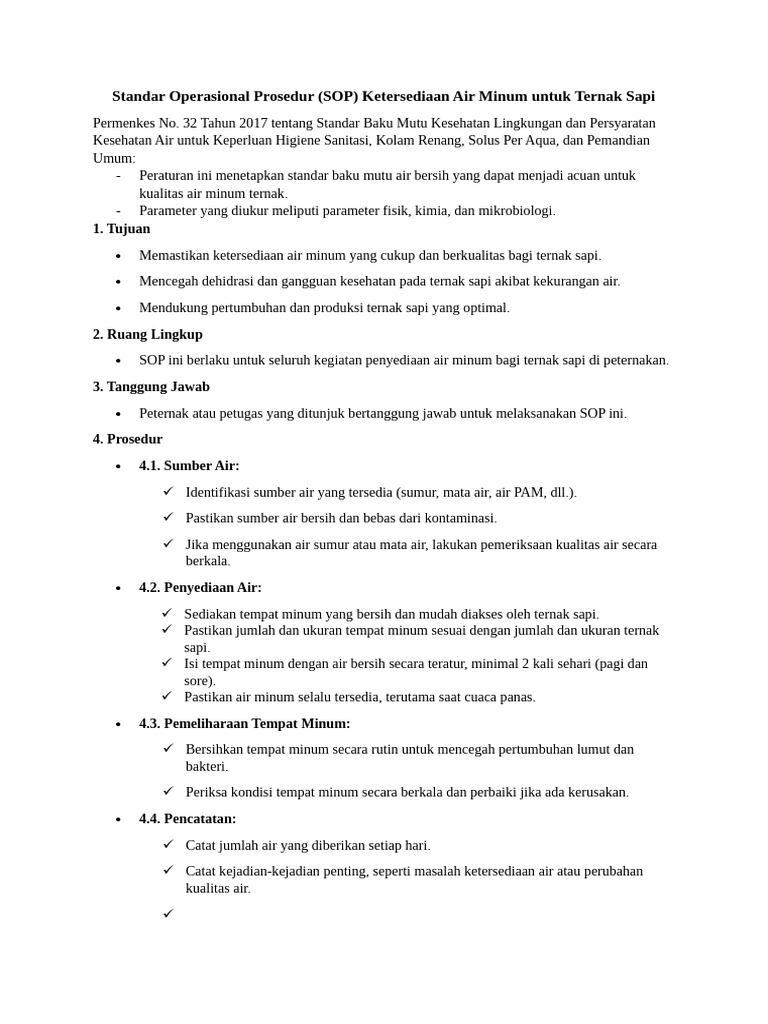 Draft SOP IK Ketersediaan Air Dan Pemeriksaan Kualitas Air Ternak | PDF