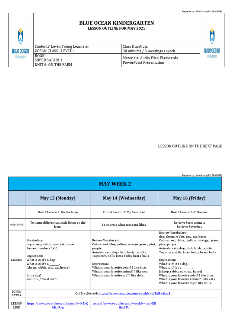 Ocean - May Lesson Outline | PDF | Old Mac Donald Had A Farm | Zoology