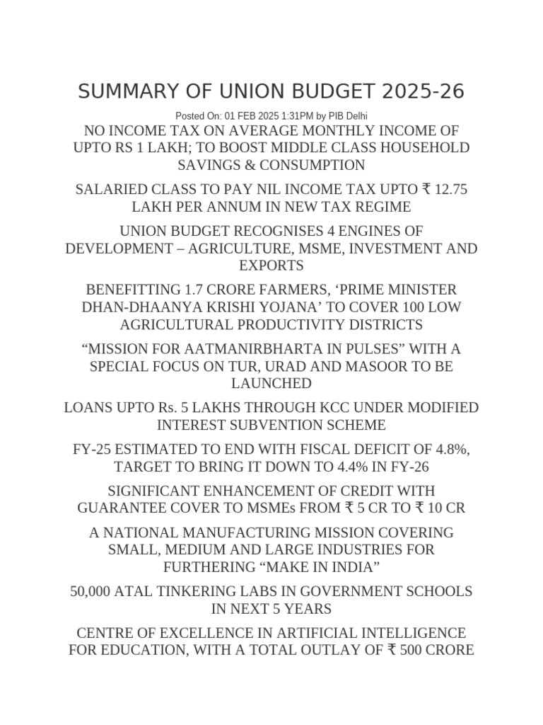 Union Budget 2025-26 Highlights | PDF | Taxes | Economies