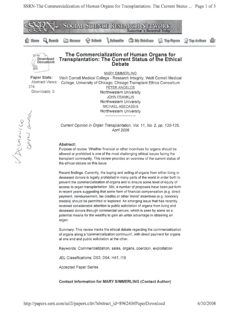 Simmerling Commercialization Human Organs 2006 Abstract | PDF | Organ ...