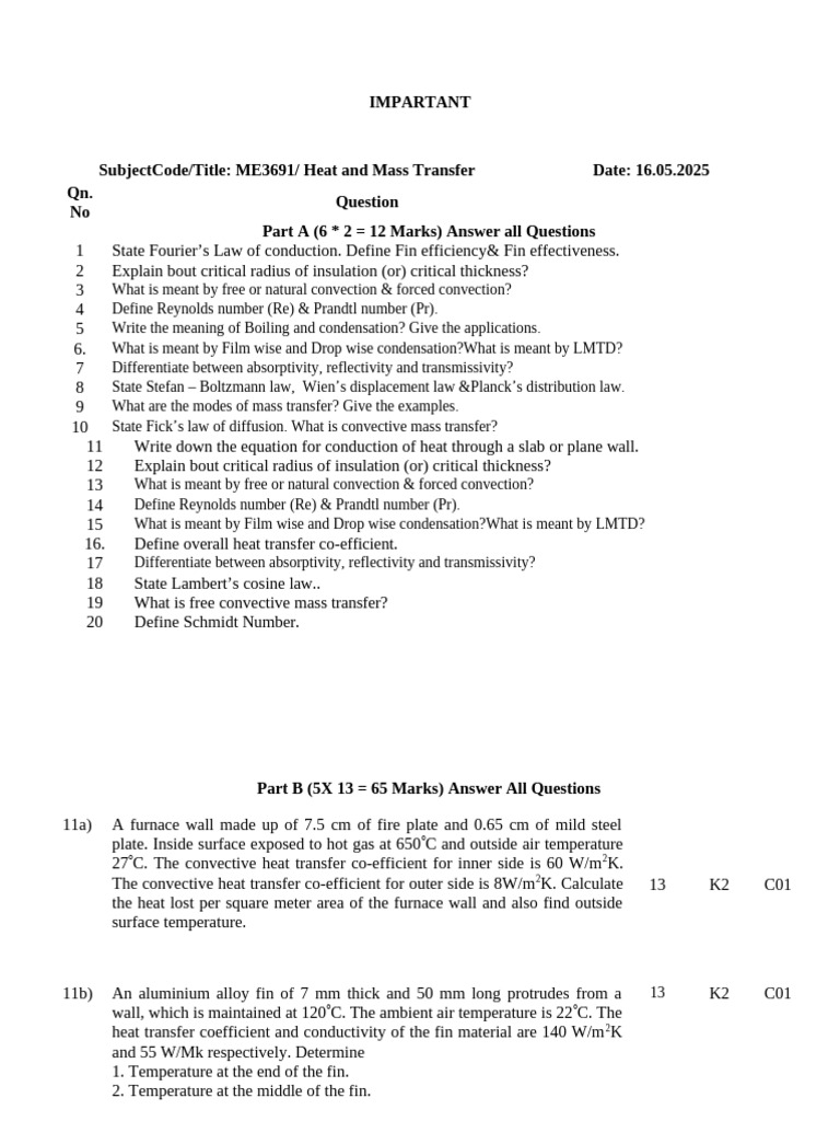HMT Model Exam QP 16.05.2025 Impartant | PDF | Heat Transfer | Diffusion