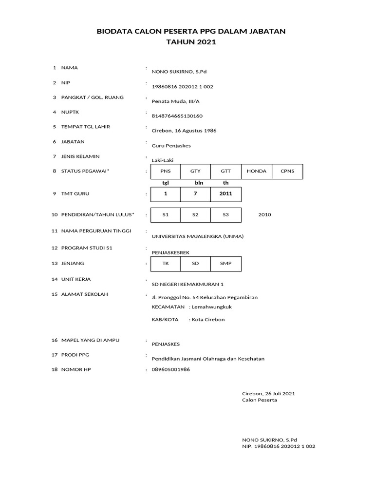 Biodata Calon Peserta Ppg 2021 Pdf