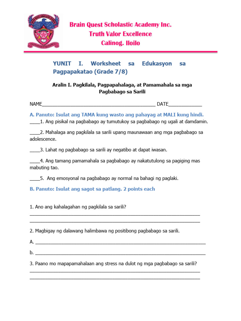 EspValuesWorksheet Grade7 | PDF