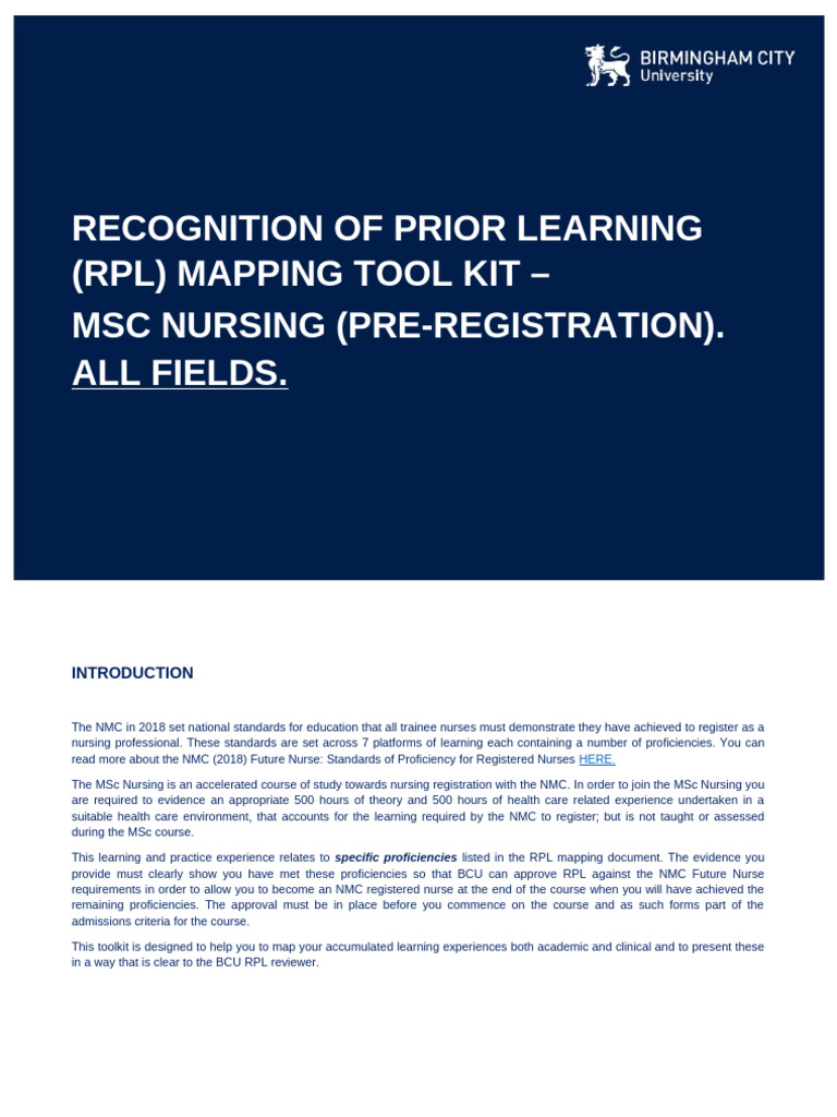 RPL Toolkit for MSc Nursing Applicants | PDF | Learning | Nursing