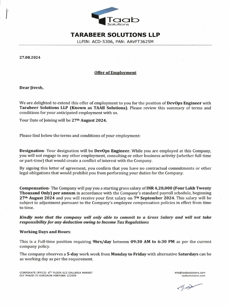 Offer Letter - Jivesh | PDF