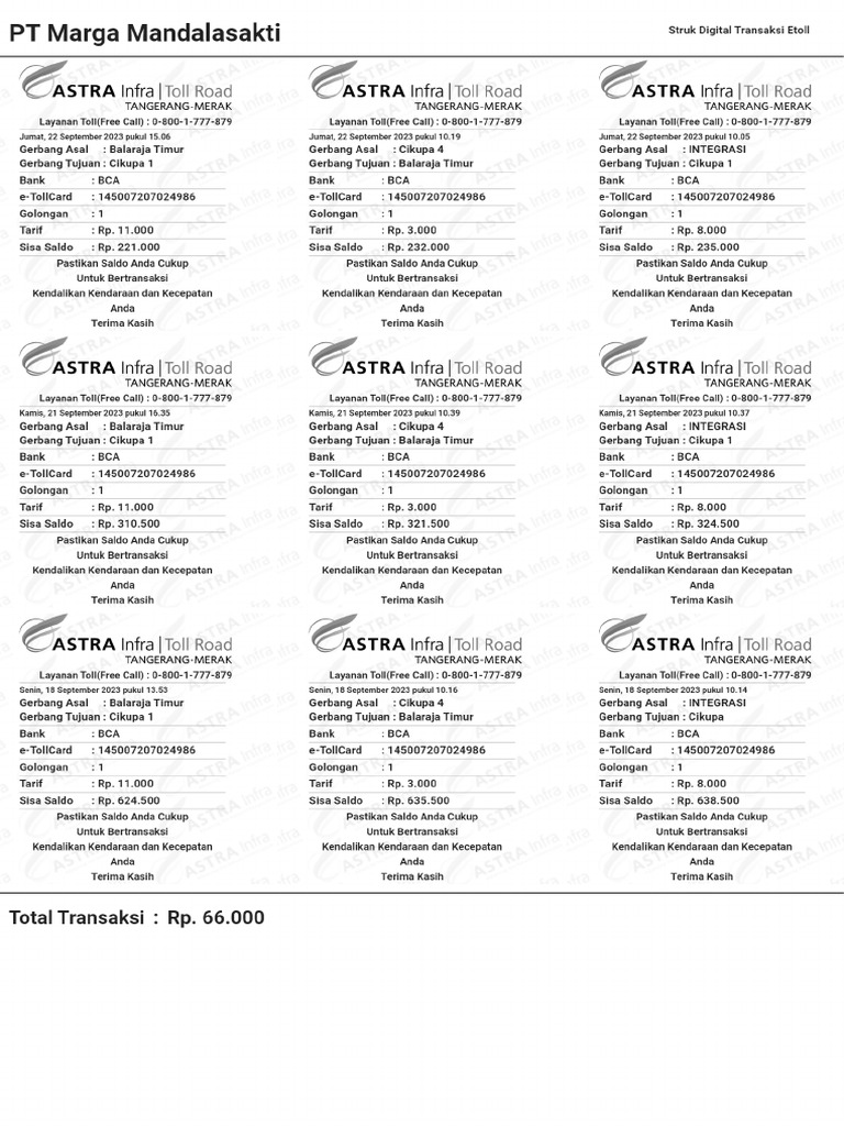 Struk Transaksi ASTRA Infra Toll Road - 203672 | PDF