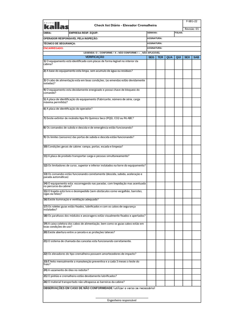 Checklist Diário para Elevador Cremalheira | PDF