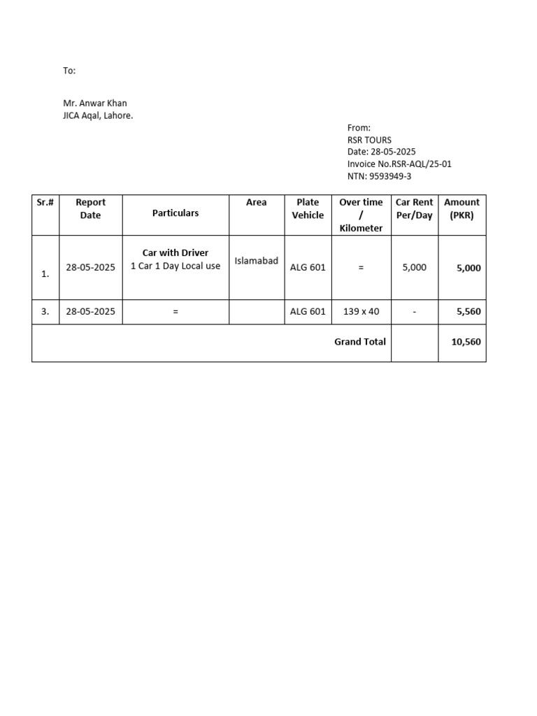 SR.# Date Particulars Area Plate Vehicle Over Time / Kilometer Car Rent ...