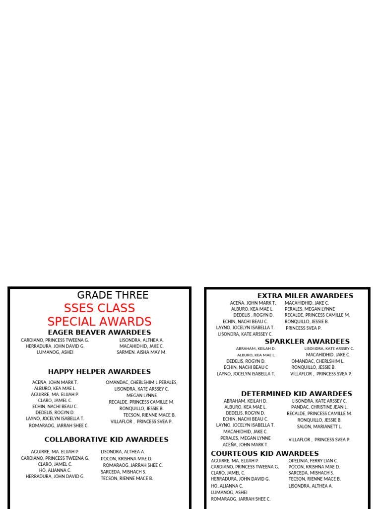 Grade 3 Moreno Regular Class Honors & Special Awards | PDF