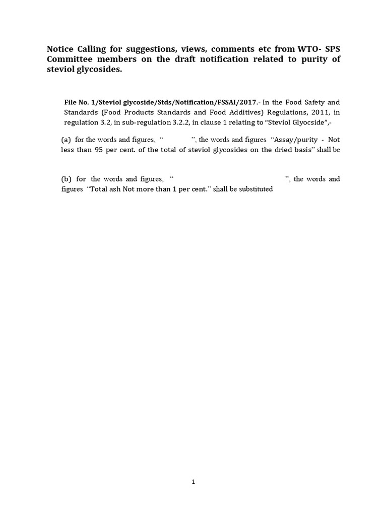 Draft WTO SPS Notification Purity Steviol 20-06-2017 | PDF