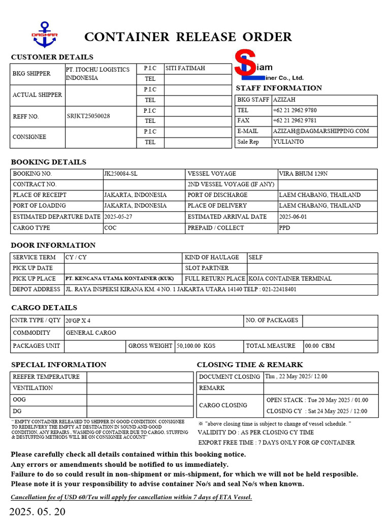 Cro Jk250084-Sl THLCH Itochu | PDF | Cargo | Water Transport