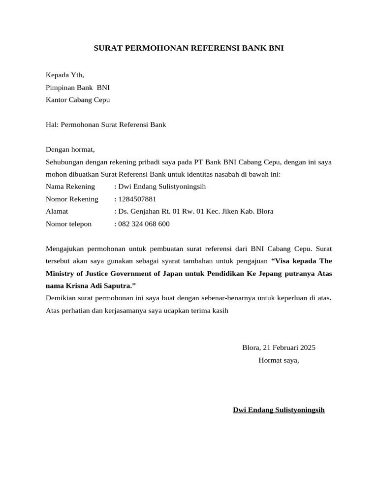 Permohonan Referensi Bank BNI untuk Visa | PDF