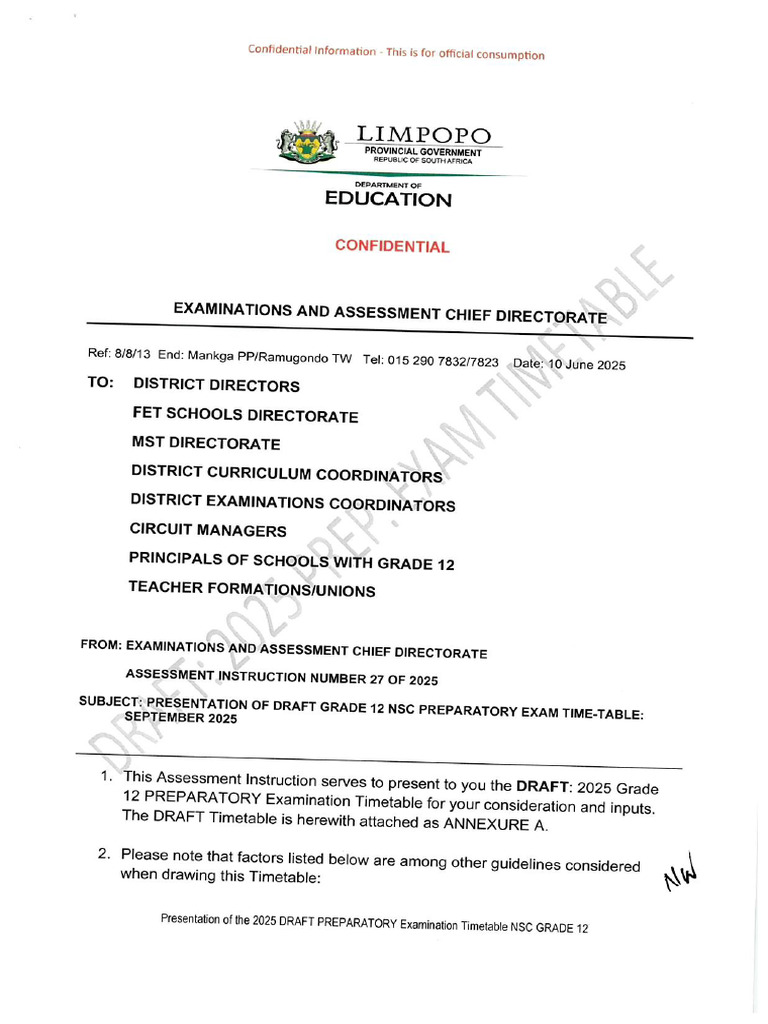 Draft 2025 Prep. Exam Timetable | PDF
