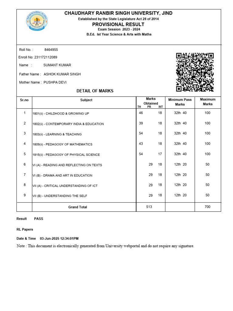 B.Ed. Provisional Result for Sumant Kumar | PDF
