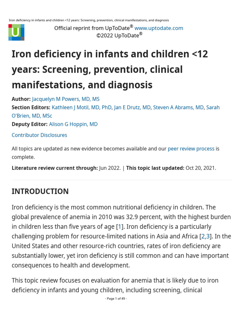 Iron Deficiency in Infants and Children - 12 Years - Screening ...