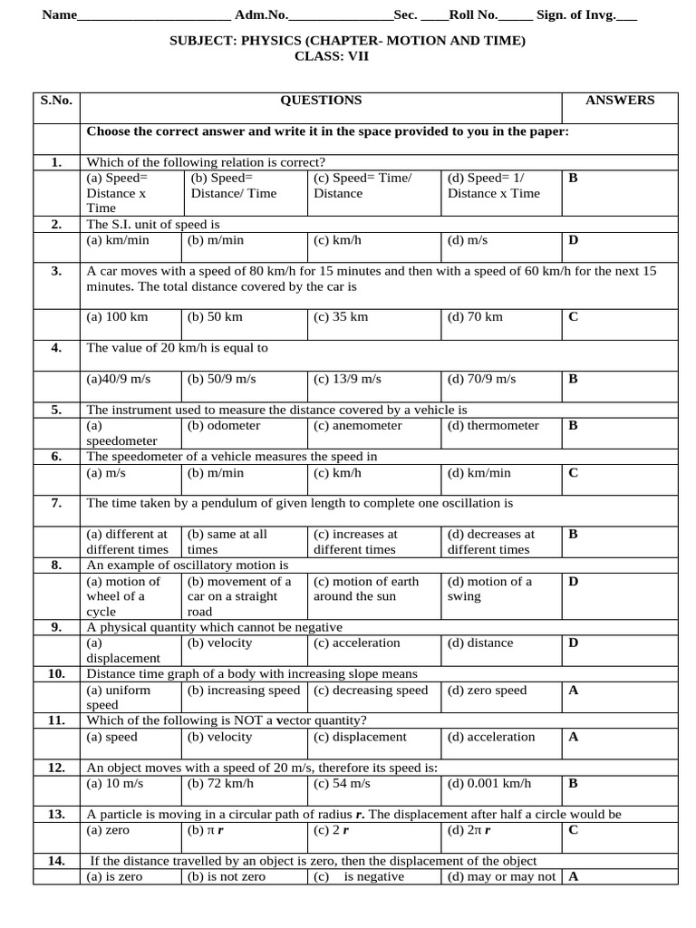 Mcq Phy Vii Ch13 Motion and Time Sarika Mittal (1) | PDF | Speed ...