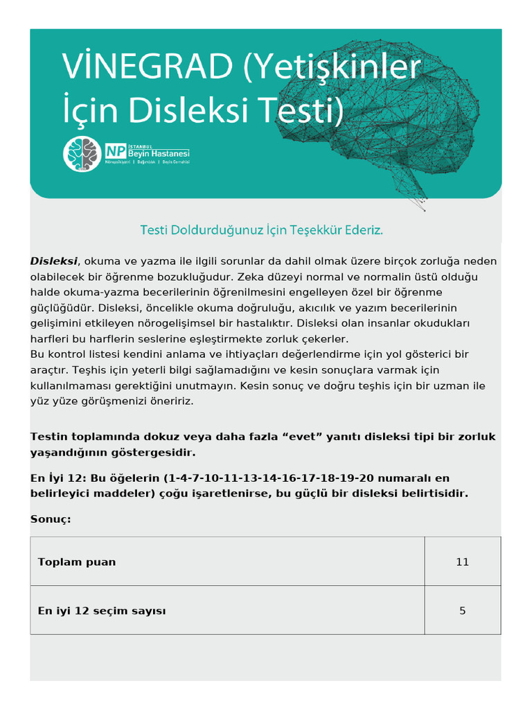 VİNEGRAD (Yetişkinler Için Disleksi) Sonucu | PDF