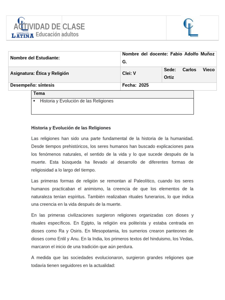 Actividad de Clase Etica y Religión Clei V p1 2025-Historia y Evolución ...