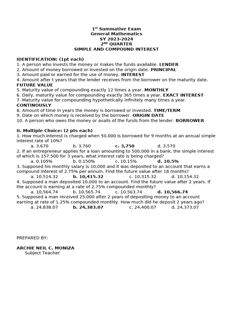 1st Summative Exam 2nd Quarter TVL A&b | PDF | Interest | Compound Interest