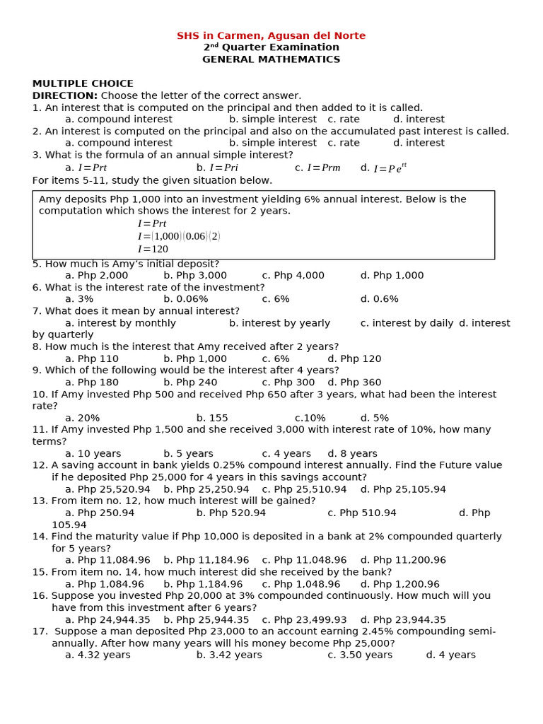 2nd Quarter Exam Gen Math 2024 | PDF | Personal Finance | Mathematical ...
