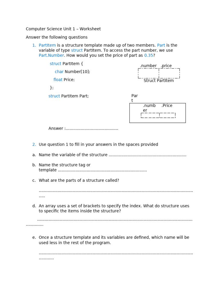 Jason Brown - Computer Science Unit 1 - Structure in C Worksheet Graded | PDF | Computing ...