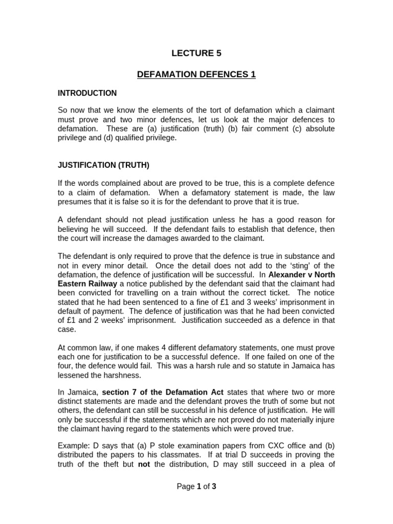 Lecture 5 - Defamation Defences 1 | PDF | Defamation | Common Law