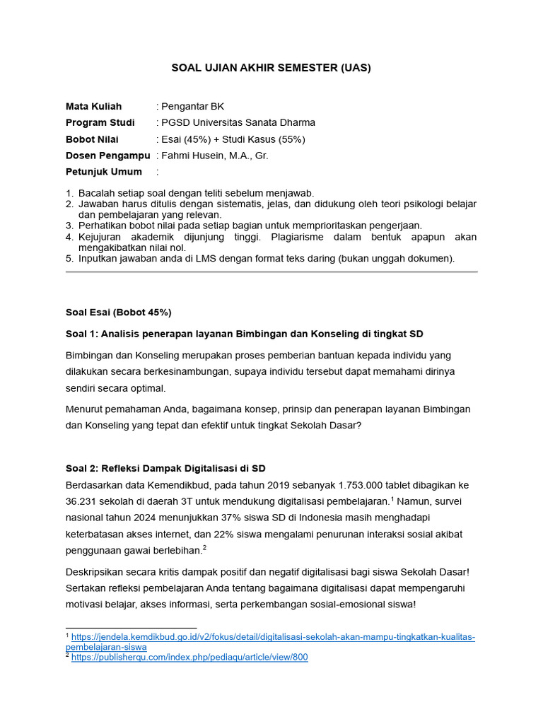 Soal Uas Pengantar Bk 2025 | PDF
