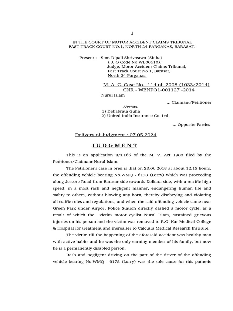 Motor Accident Claims Tribunal Judgment | PDF | Insurance | Cheque