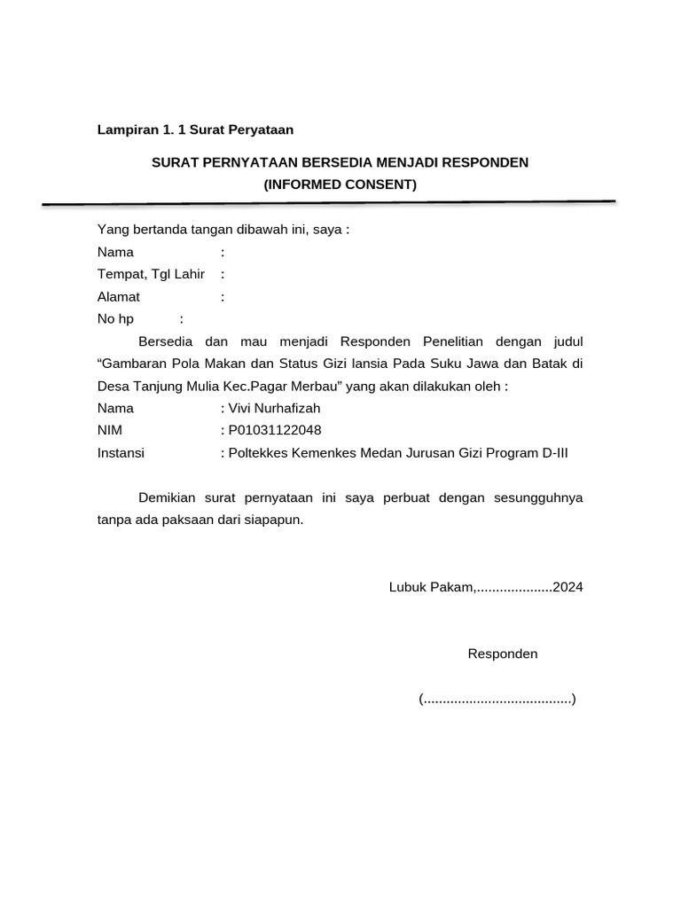 Surat Pernyataan Responden Penelitian Gizi | PDF