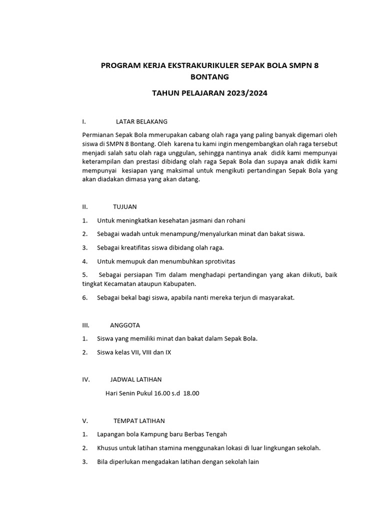 PROGRAM EKSKUL Sepak Bola DAN TARGET2023-2024 | PDF