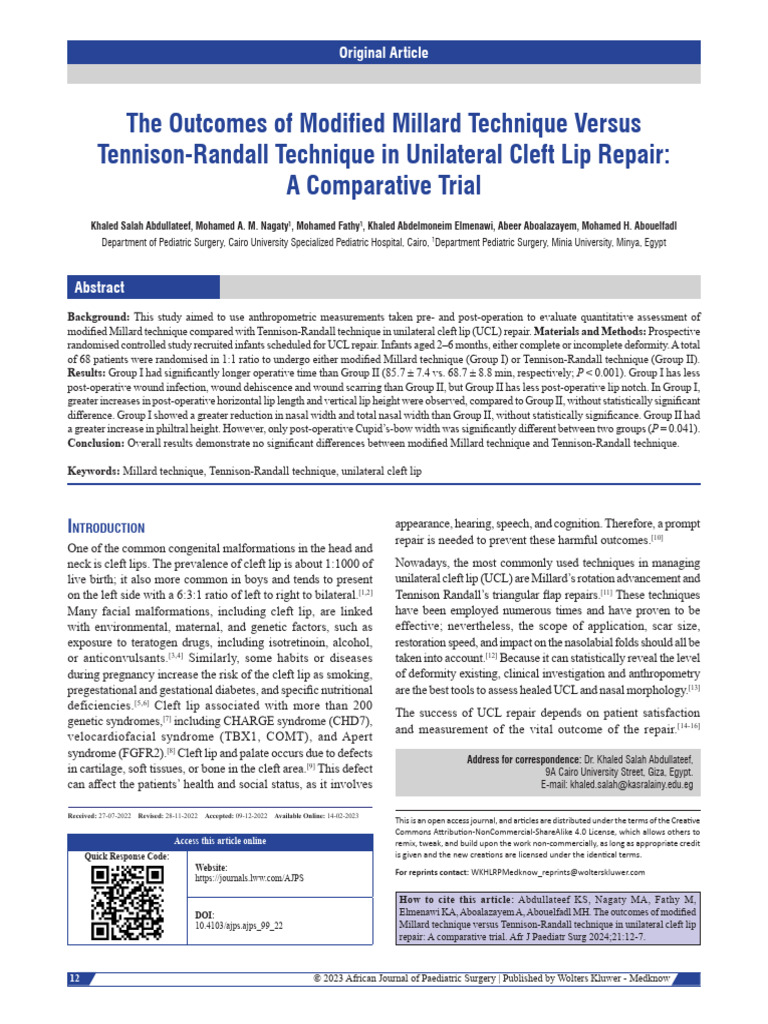 The Outcomes of Modified Millard Technique Versus.3 | PDF | Surgery ...