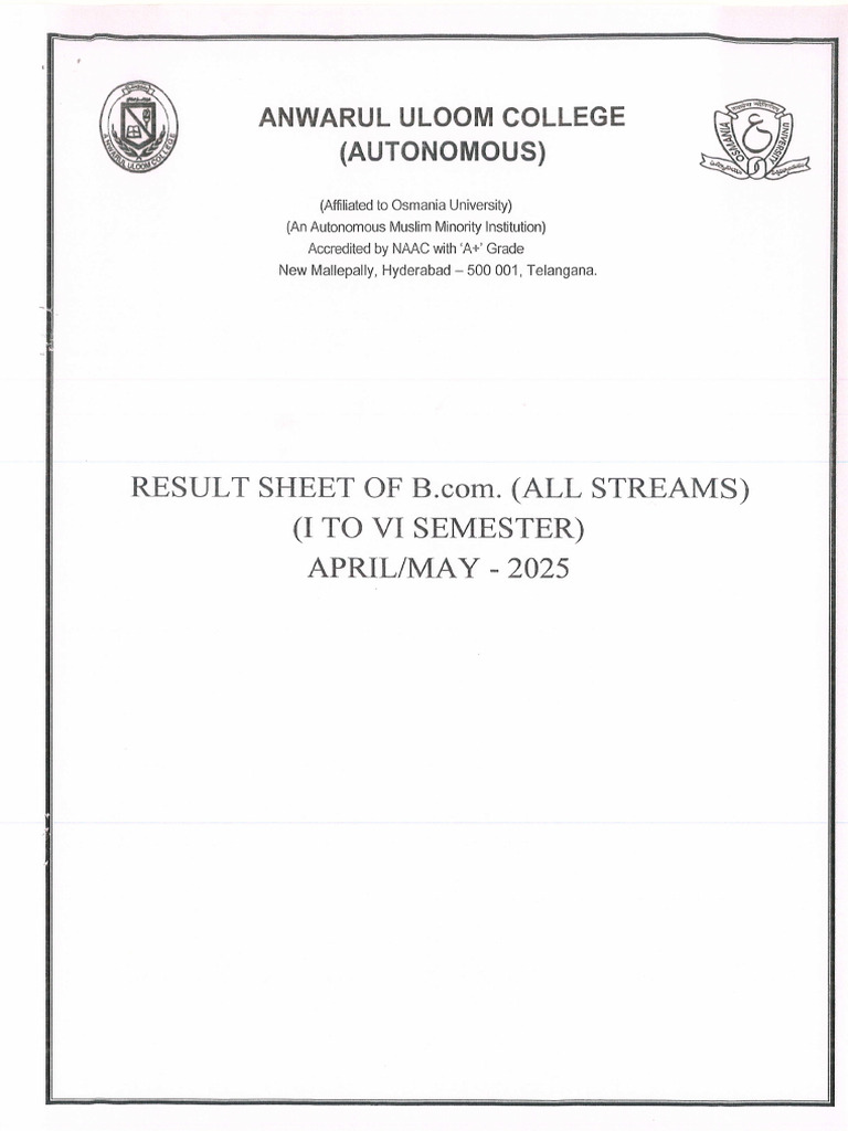 B Com Result Sheets (I To VI - Semesters) | PDF