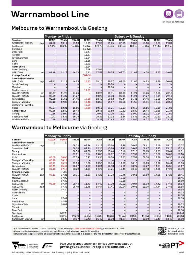 110 Warrnambool Timetable Web 130425 v1 | PDF | Rail Transport ...