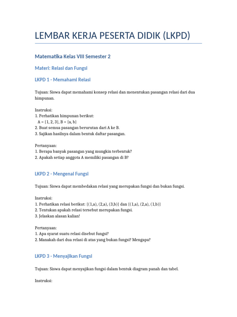LKPD Matematika Kelas8 Relasi Dan Fungsi | PDF