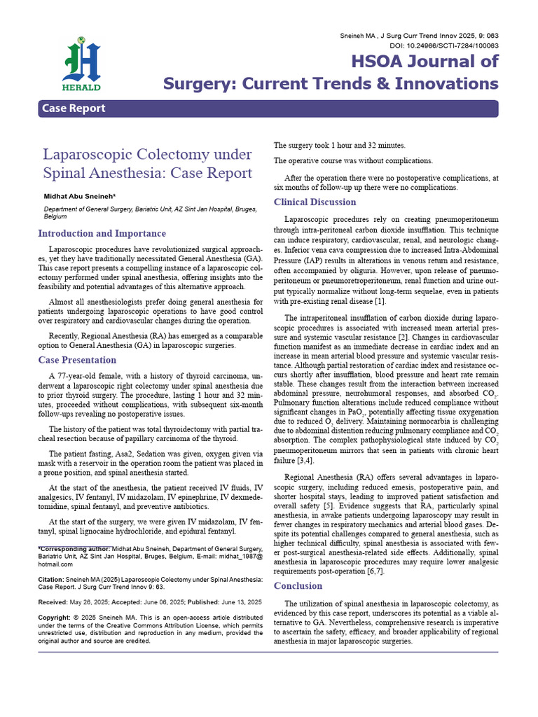 Laparoscopic Colectomy Under Spinal Anesthesia Case Report | PDF | Medicine | Anesthesia