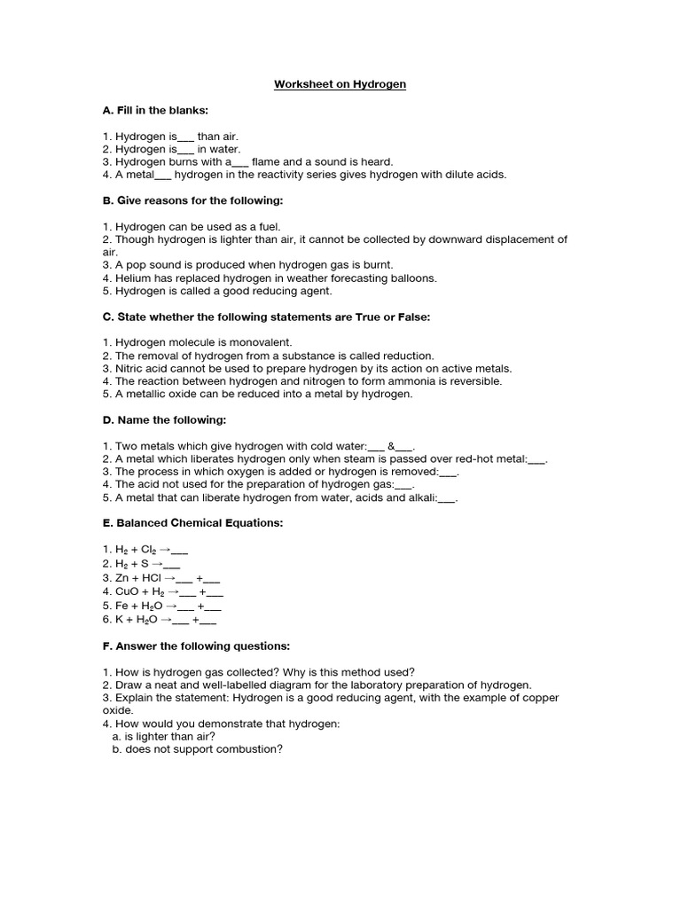 Hydrogen Worksheet for Science Students | PDF