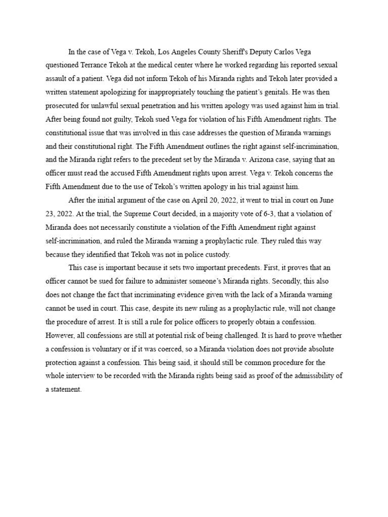 Vega v. Tekoh: Fifth Amendment Ruling | PDF
