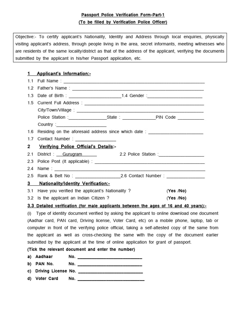 Passport Police Verification Form Part 1 | PDF | Identity Document ...