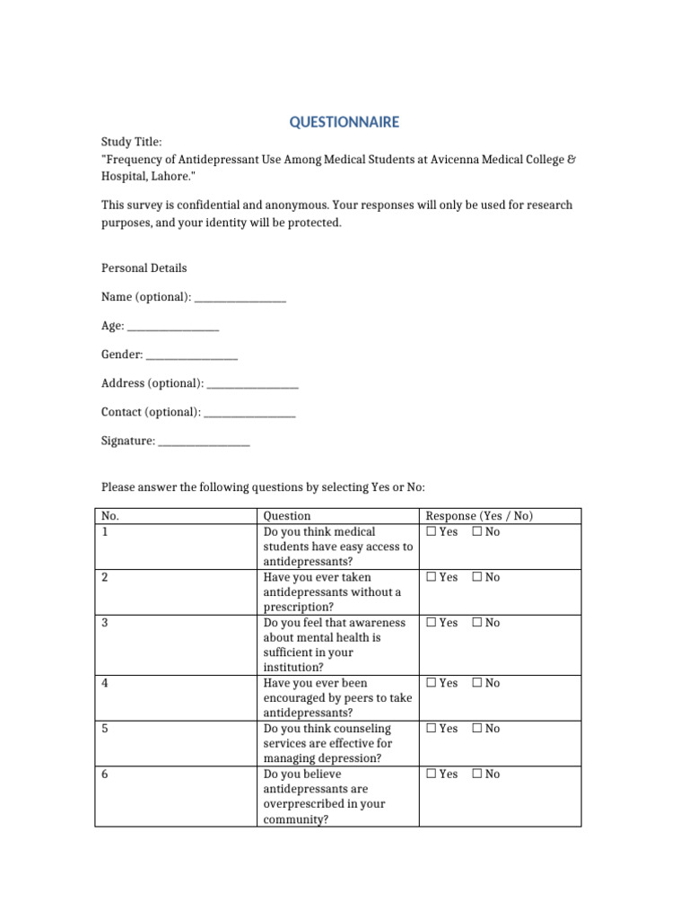 Updated Questionnaire | PDF | Major Depressive Disorder | Antidepressant