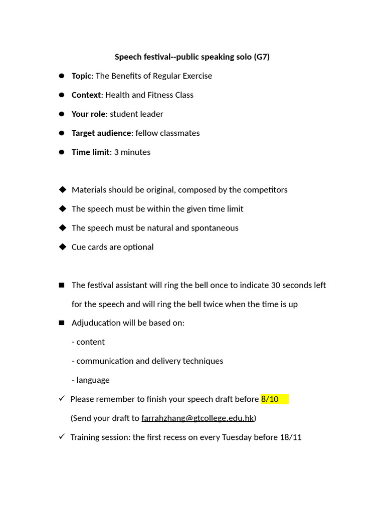 Speech Festival - Public Speaking Solo (G7) | PDF