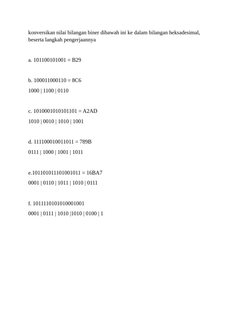 Konversikan Nilai Bilangan Biner Dibawah Ini Ke Dalam Bilangan Heksadesimal | PDF