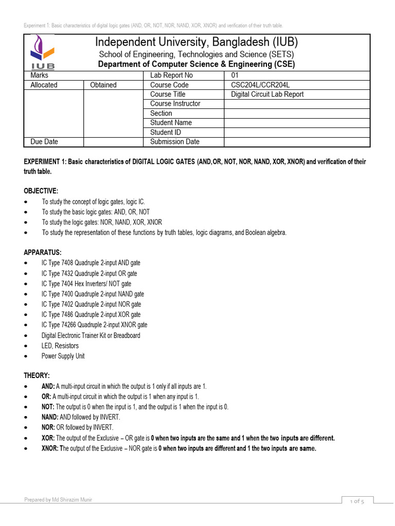 Experiment 1 - CSC 204 New Lab-1 | PDF | Logic Gate | Computer Engineering
