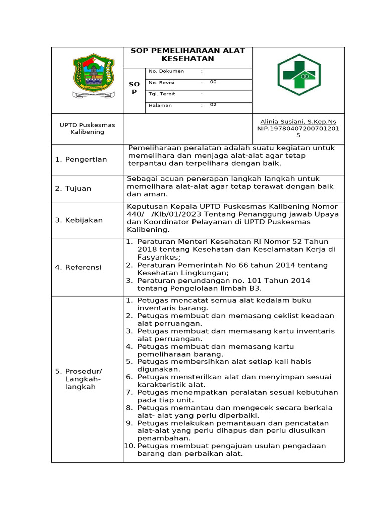 Sop Pemeliharaan Alat Kesehatan | PDF