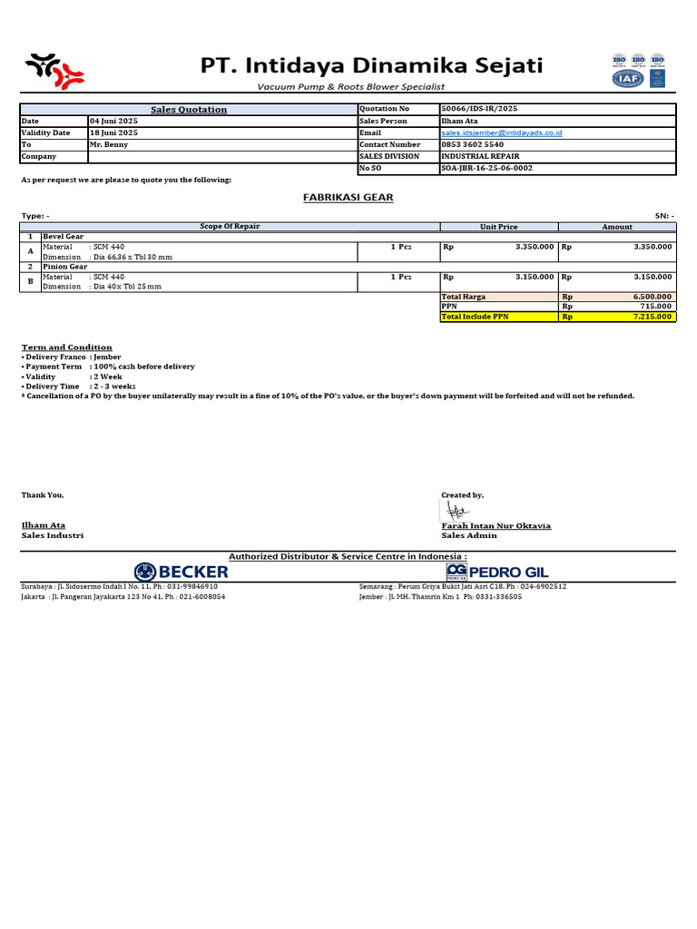 QUOTATION 50066 Pak Benny Fabrikasi Gear | PDF