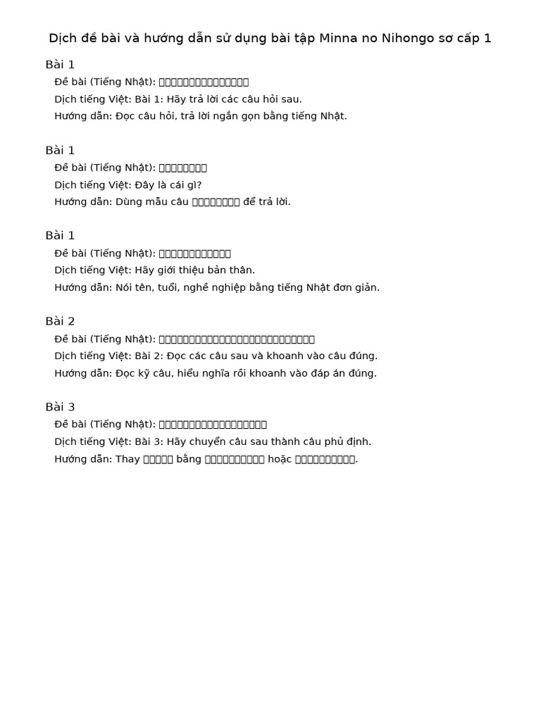 Minna No Nihongo Baitap Dich Huongdan Sample | PDF